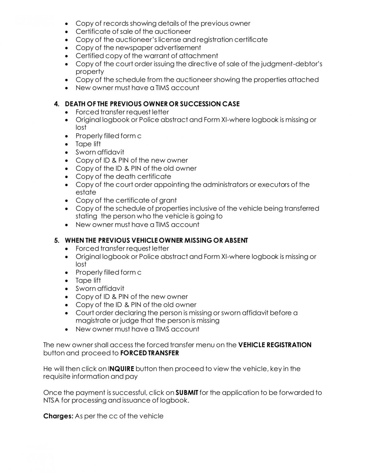 NTSA requirements for forced transfer of a motor vehicle
